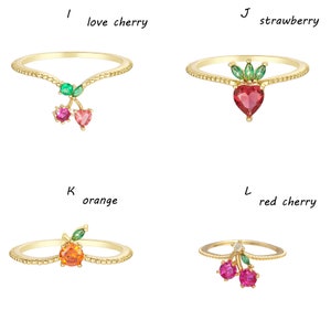 Cute Colorful Zircon Fruit Ring, Cherry Peach Orange Lemon Apple Grape ...