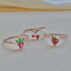 Cute Colorful Zircon Fruit Ring, Cherry Peach Orange Lemon Apple Grape ...