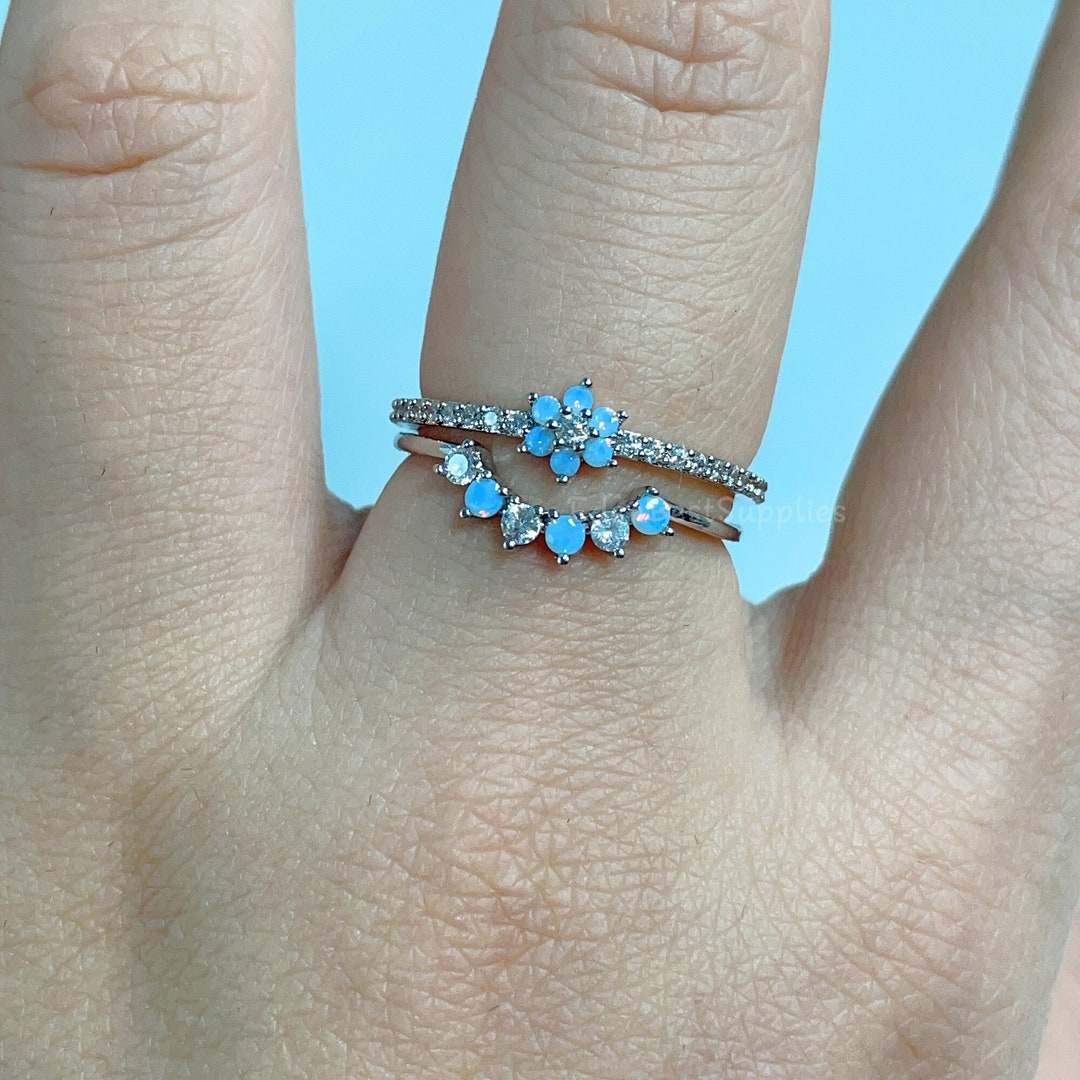 Blue Rhinestone Pearl Flower Rings,chic Petite Brass Zircon Rings ...