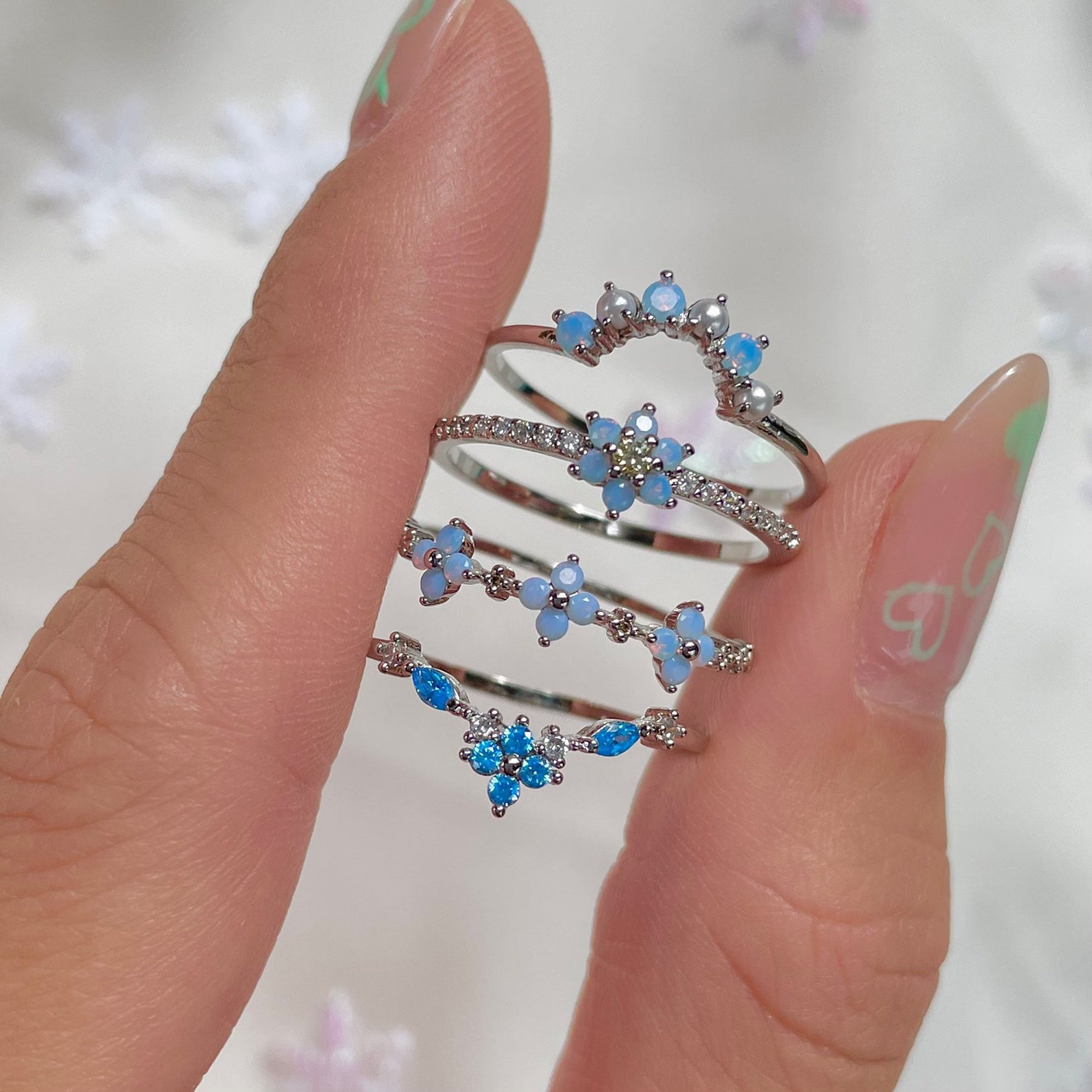 Blue Rhinestone Pearl Flower Ringschic Petite Brass Zircon - Etsy