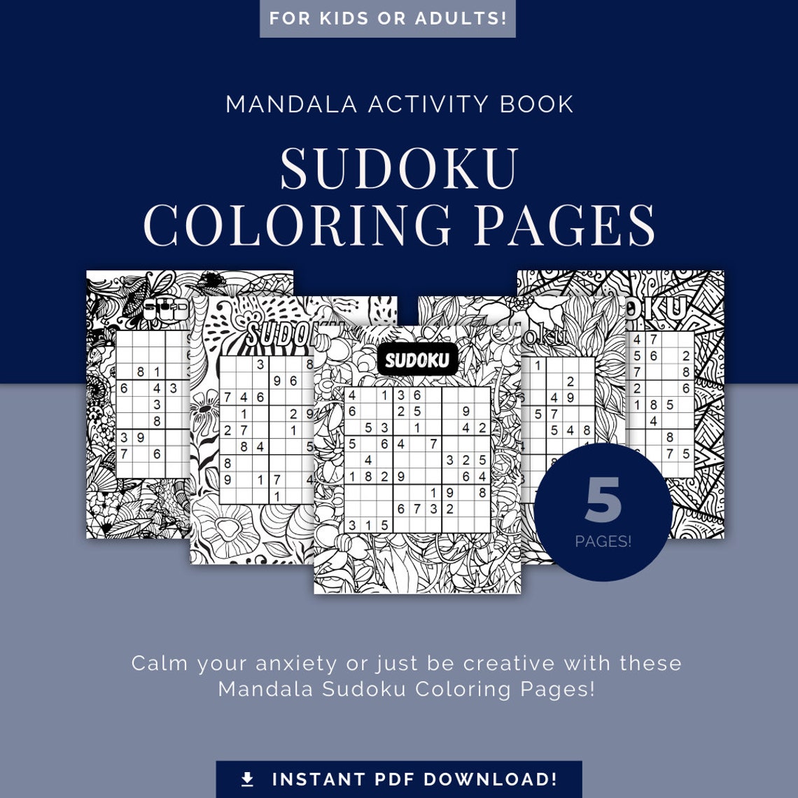 Sudoku Coloring Book (5 Page PDF INSTANT DOWNLOAD), Adult Activity Book ...