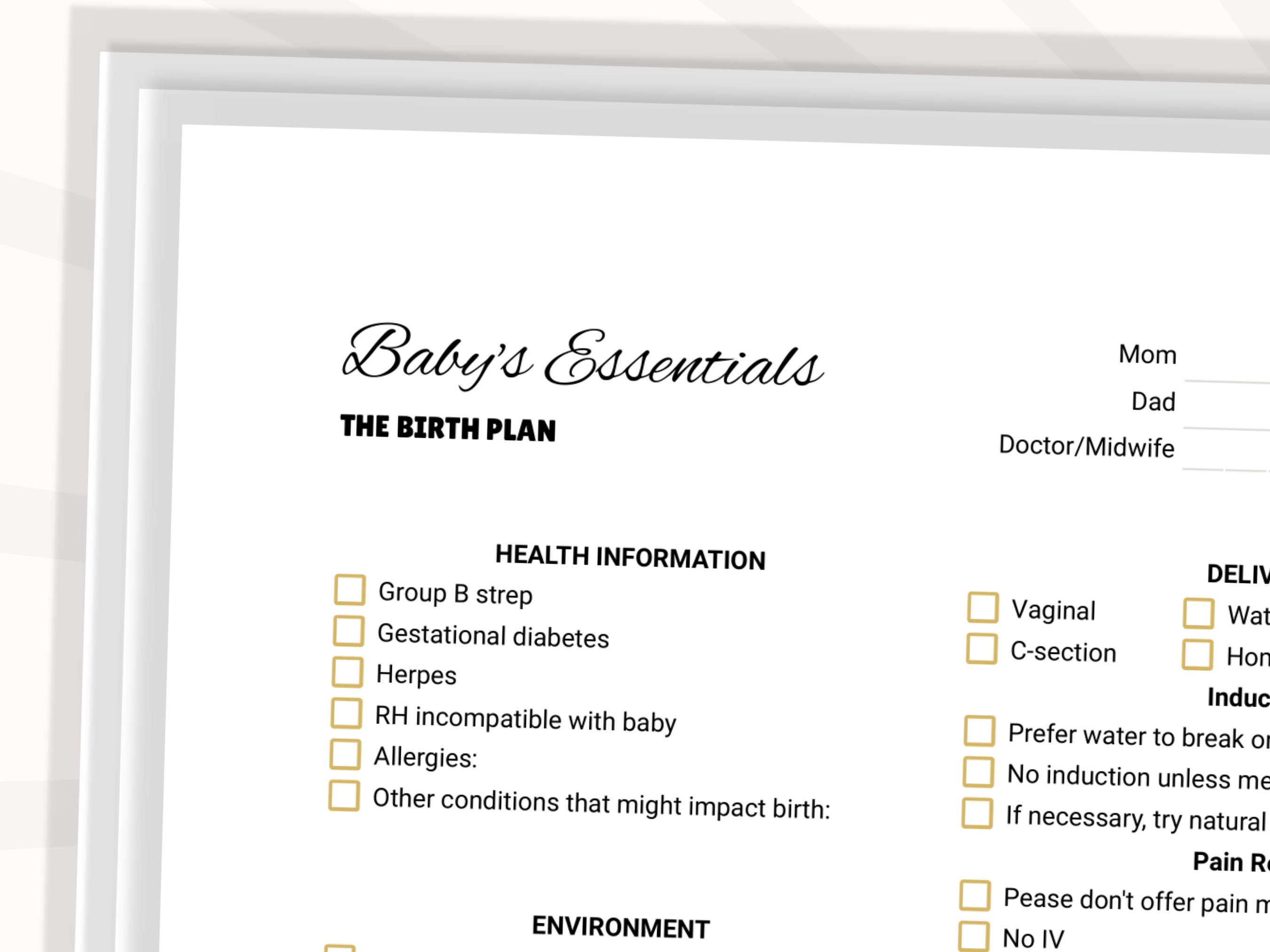 Printable Birth Plan Template Cesarean Birth Plan Gentle C-section Home ...