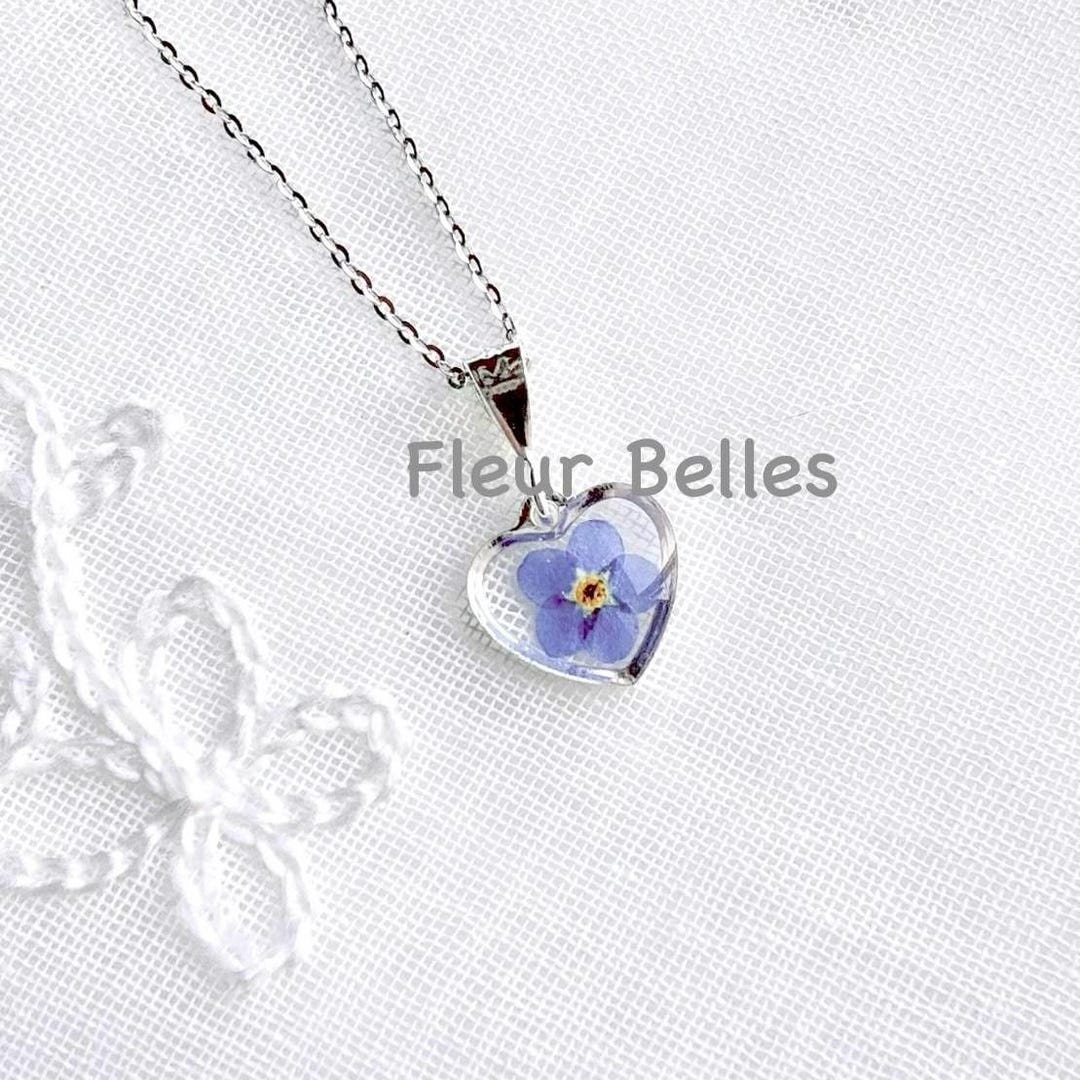 Real Forget Me Not Heart Shaped Necklace Handmade Blue Pressed Flower ...