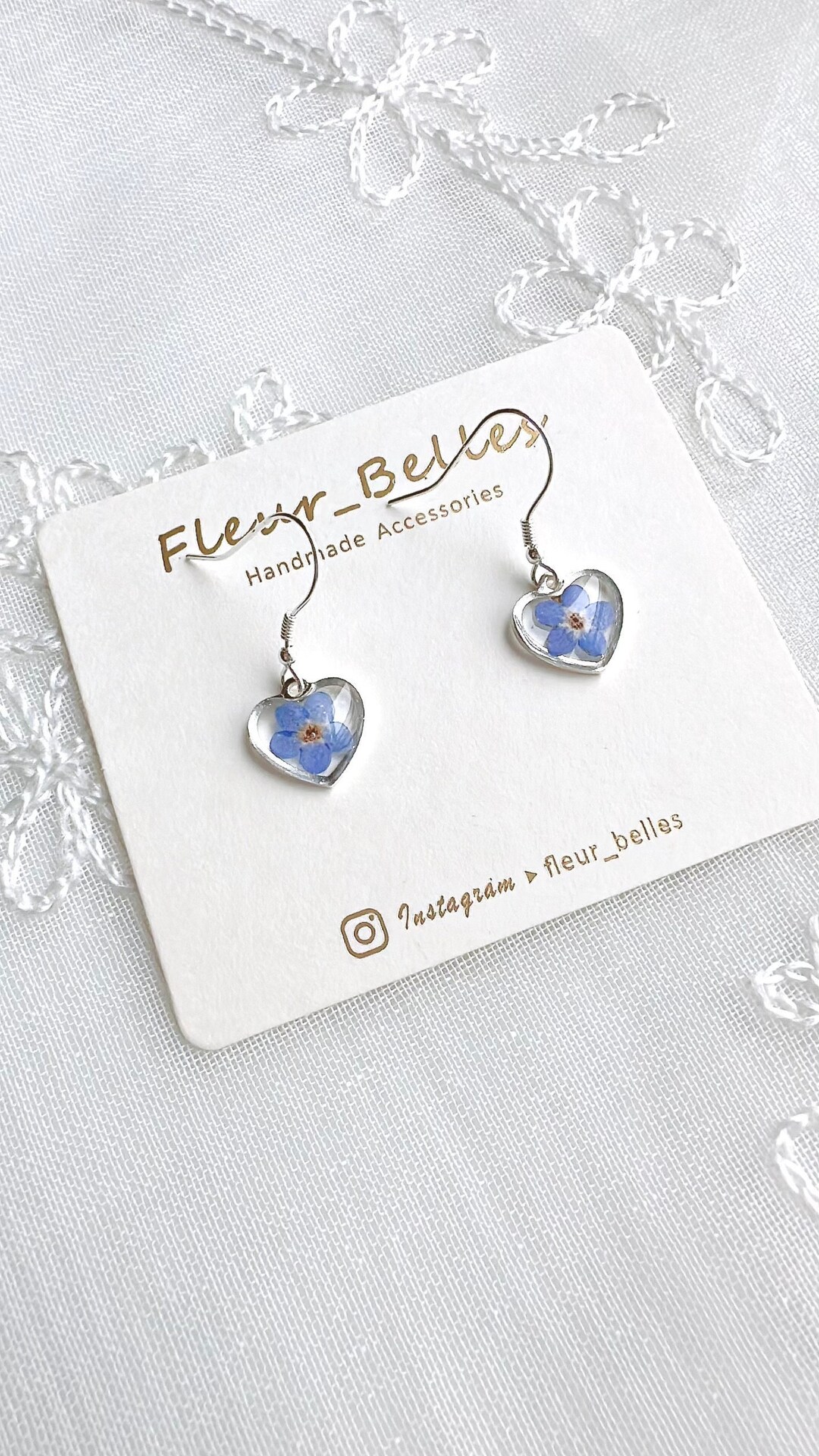 Real Forget Me Not Heart Shaped Dangle Earrings, Handmade Tiny Blue ...