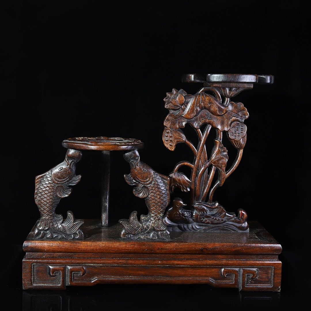 Chinese Antique Natural Rosewood Hand Carved Lotus Fish Bogu Frame Vase ...