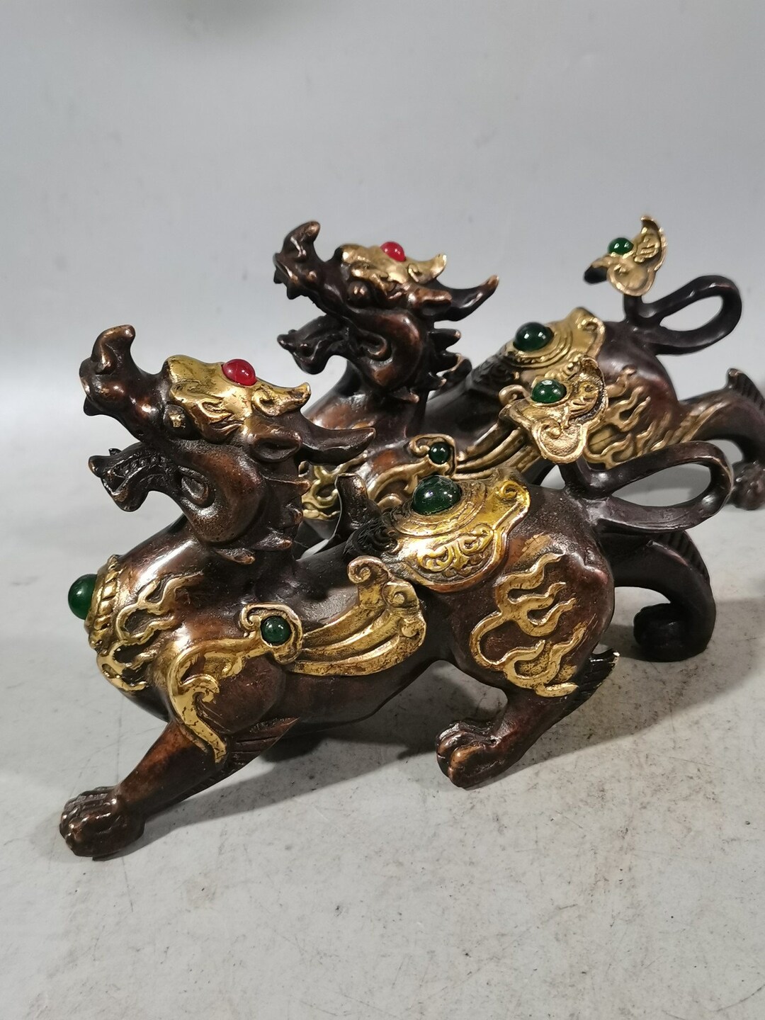 Chinese Antique Handcrafted Pure Copper Inlaid Gems Pixiu Statues a ...