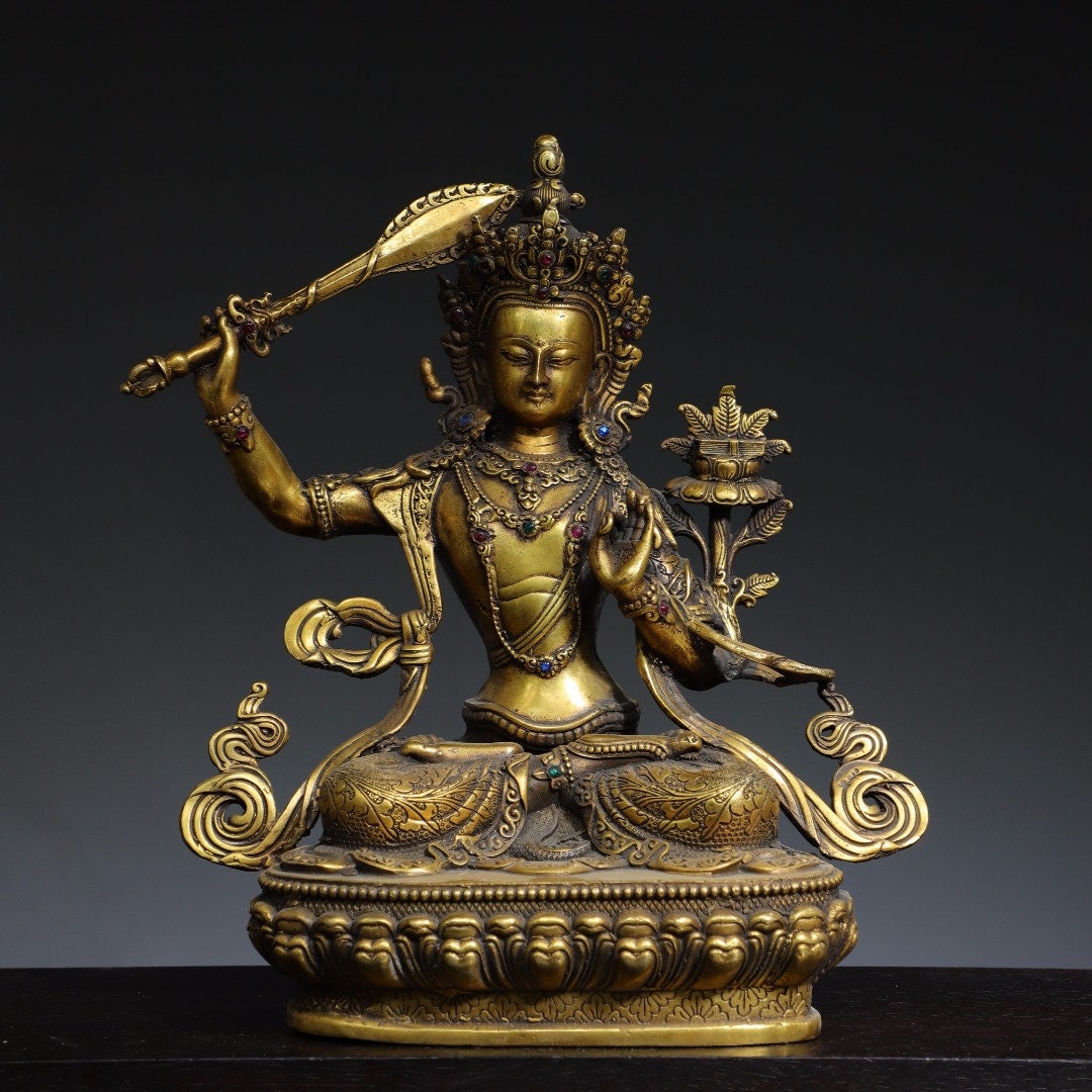 Collection Pure Copper Gilt Manjushri Bodhisattva Buddha Statues Inlaid ...