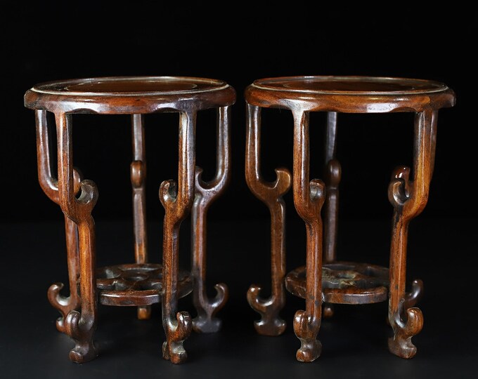 A Pair of Chinese Pure Hand-carved Rosewood Round Vase Base Flower ...