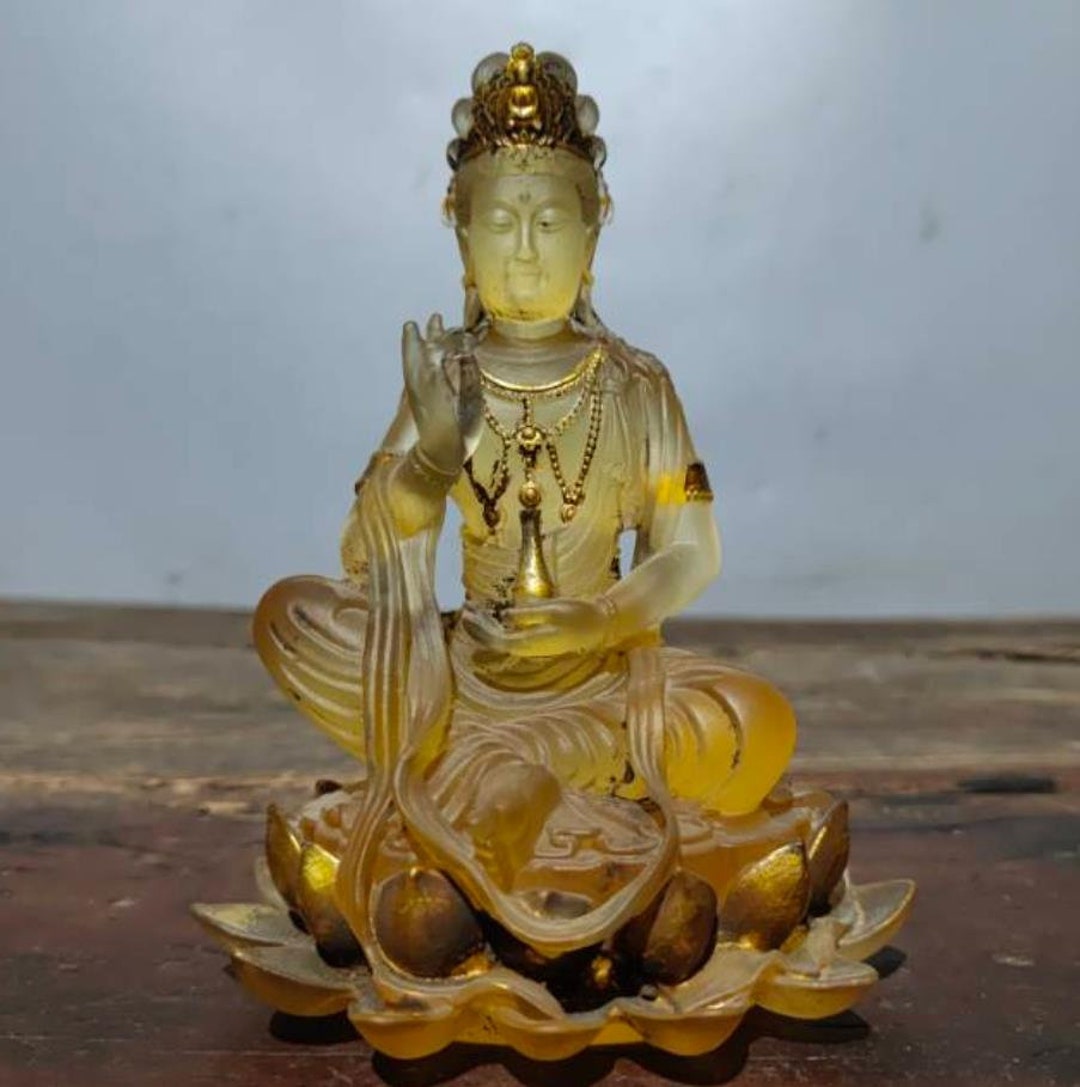 Chinese Antique Pure Hand-carved Fine Glass Lotus Base Guanyin Buddha ...