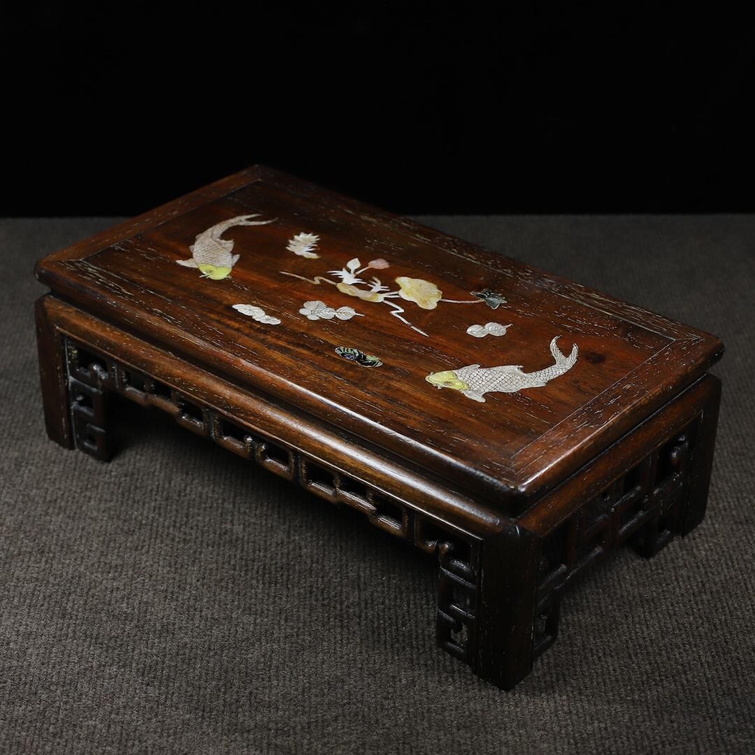 Chinese Hand Carved Natural Rosewood Inlaid Double Fish Lotus Pattern ...