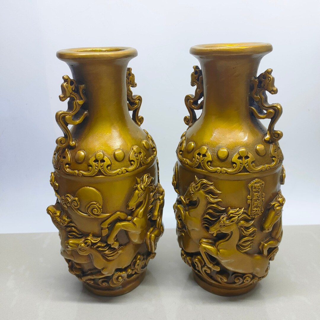 Collect Pure Copper Carved a Pair of Horse to Success Statue Vases ...