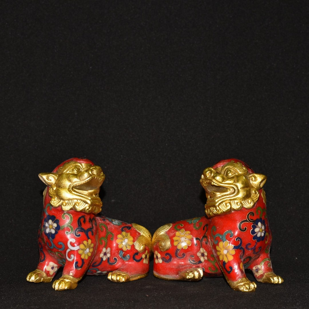 Chinese Antique Pure Copper Cloisonne Lion a Pair of Statues Made of ...