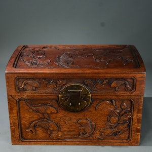 Chinese Antique Natural Rosewood Inlaid Lotus Fish Pattern Hand Carved ...