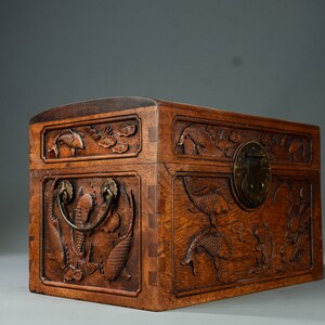 Chinese Antique Natural Rosewood Inlaid Lotus Fish Pattern Hand Carved ...