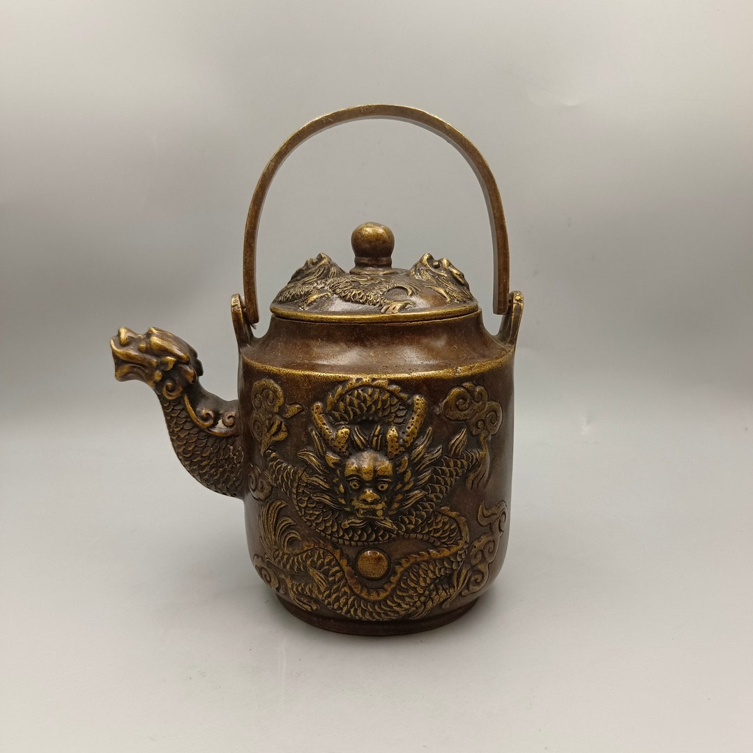 Chinese Pure Hand-carved Brass Copper Teapot With Exquisite Dragon ...