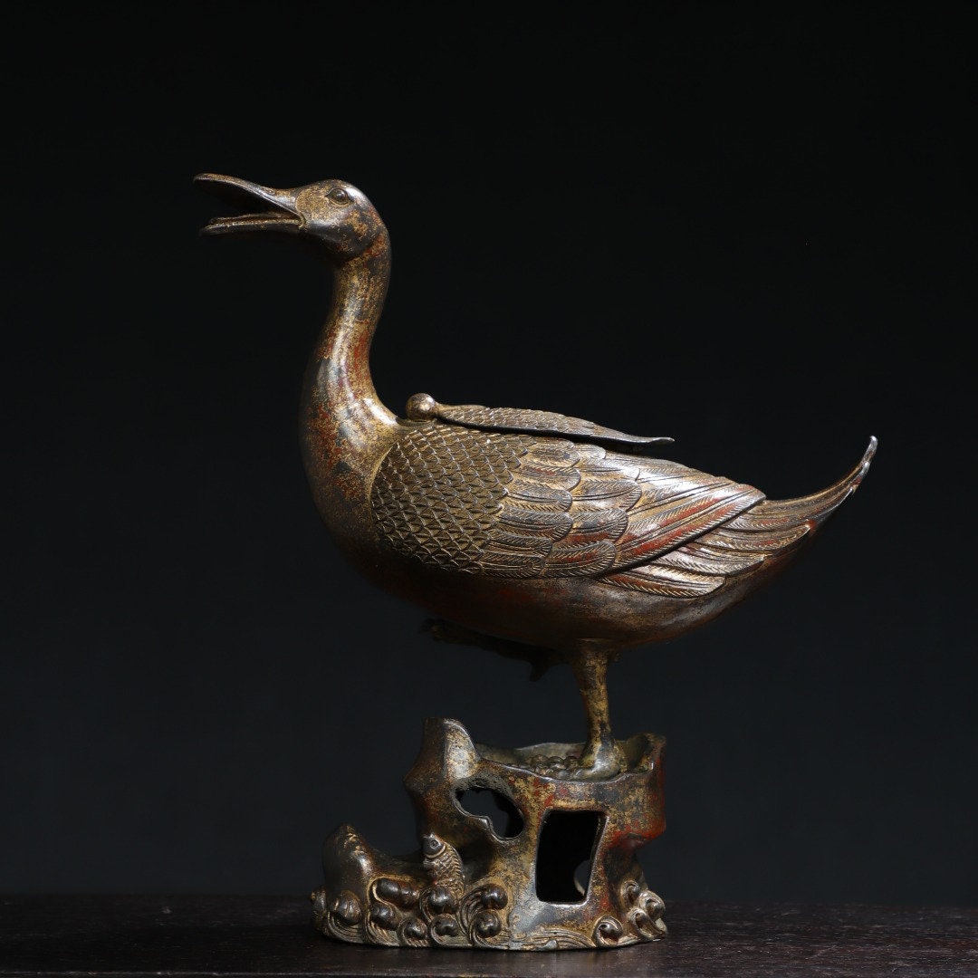 Chinese Antique Collection Hand Carved Pure Copper Duck Statue Incense ...
