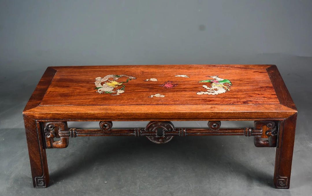 Chinese Pure Hand-carved Rosewood Inlaid Dragon and Phoenix Pattern Tea ...