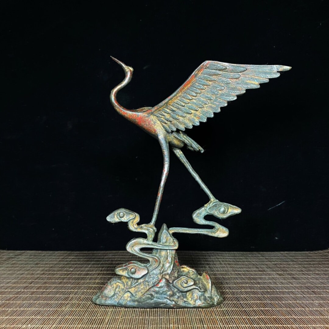 Chinese Antique Pure Hand-carved Pure Copper Fly Crane Statue Ornament ...