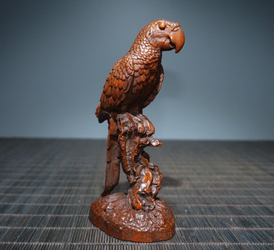 Chinese Antique Natural Boxwood Hand Carved Parrot Birds Statue ...