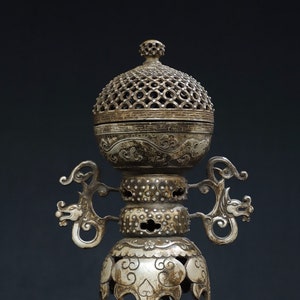 Chinese Antique Pure Copper Silver Plated Censer, Pure Hand Carved ...