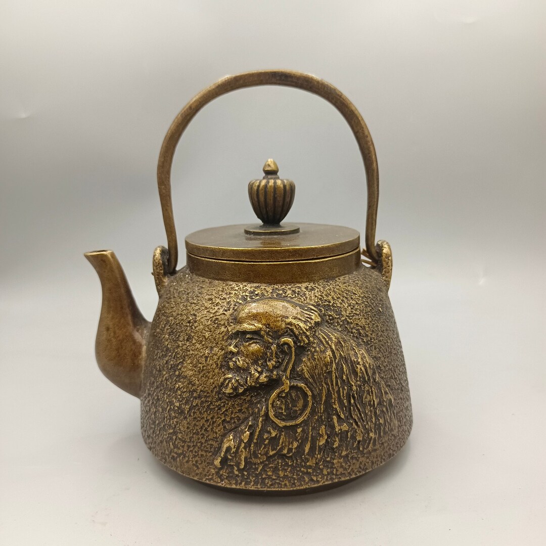 Chinese Antique Pure Copper Hand Carving Dharma Statue Teapot and Wine ...