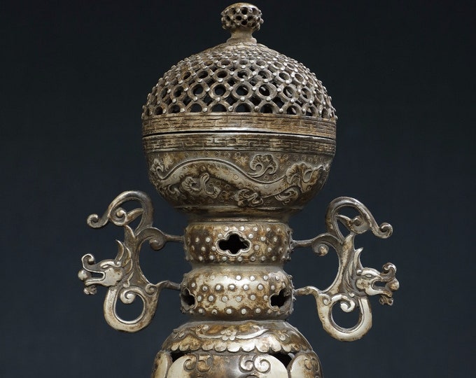 Chinese Antique Pure Copper Silver Plated Censer, Pure Hand Carved ...