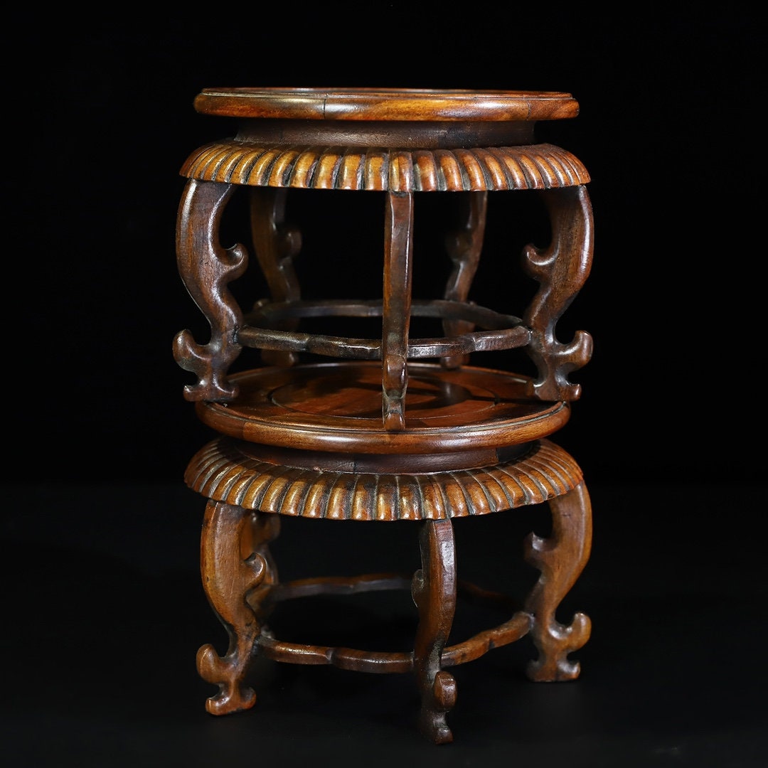 A Pair of Chinese Pure Hand-carved Rosewood Round Bases Flower Stands ...