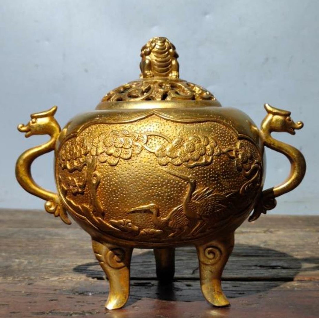 Chinese Antique Pure Copper Gilt Handcrafted Dragon Ear Incense Burner ...