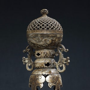 Chinese Antique Pure Copper Silver Plated Censer, Pure Hand Carved ...