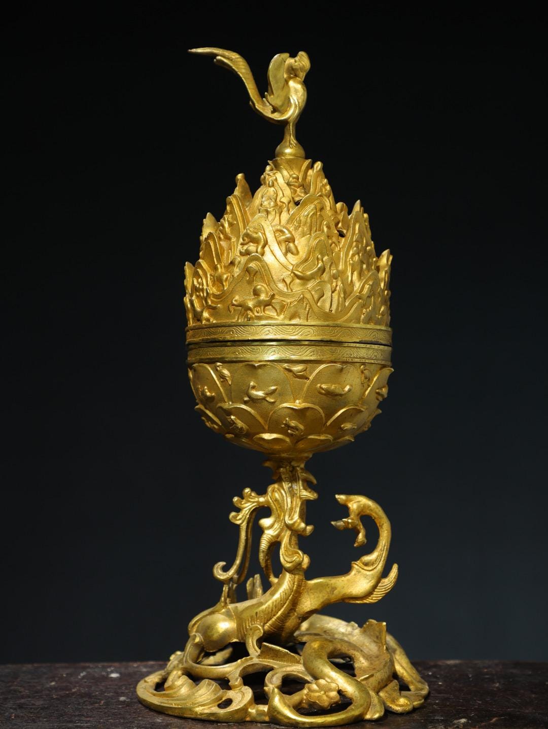 Chinese Antique Pure Copper Gilt Jixiang Phoenix Statue Boshan Incense ...