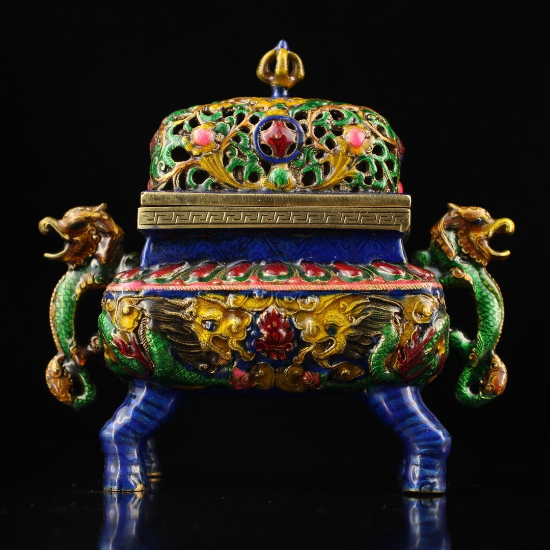 Chinese Antiques Pure Copper Cloisonne Filigree Carving Double Dragon ...