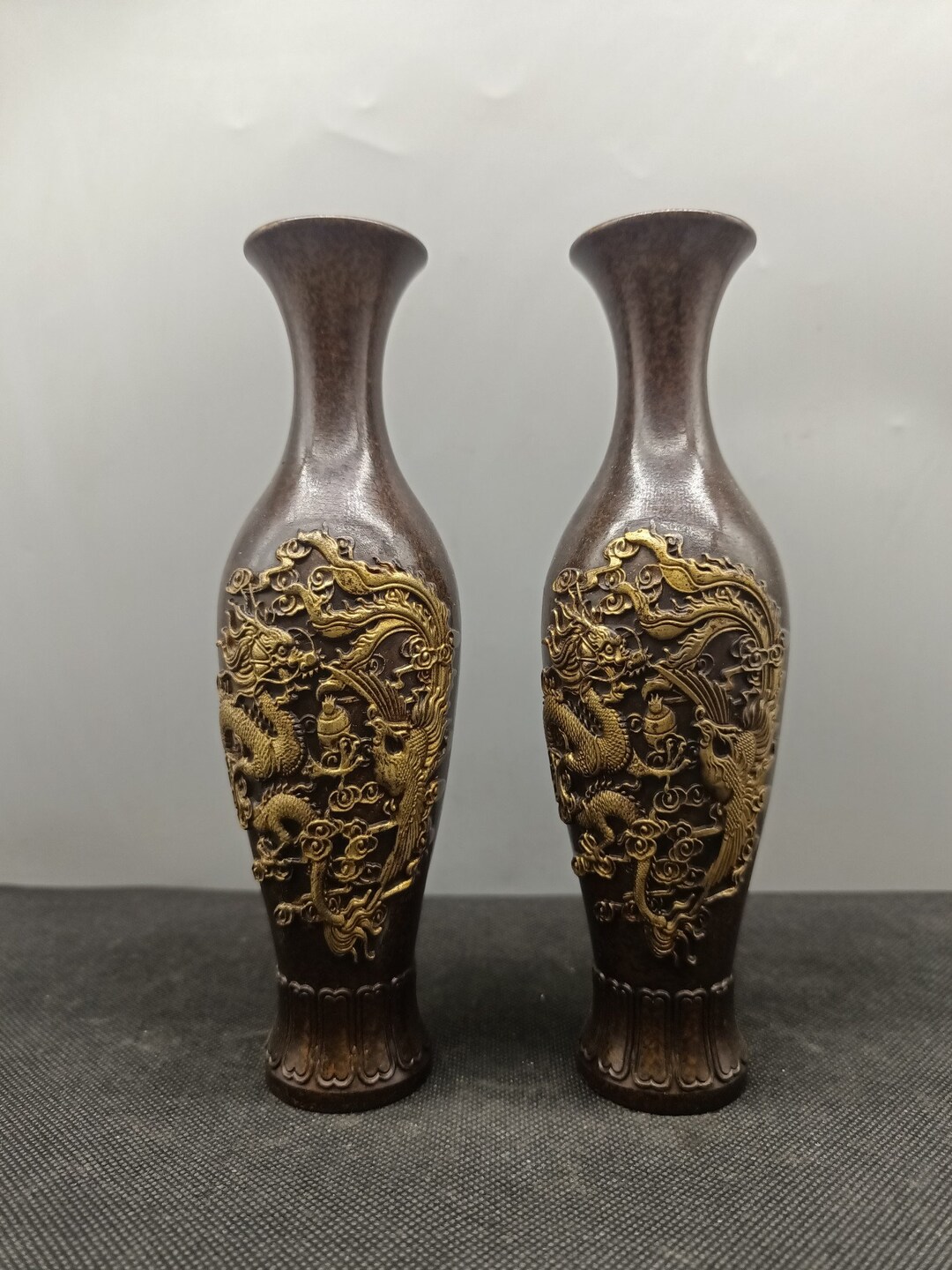 Chinese Antique Hand Carved Brass Dragon and Phoenix Pattern A Pair of ...