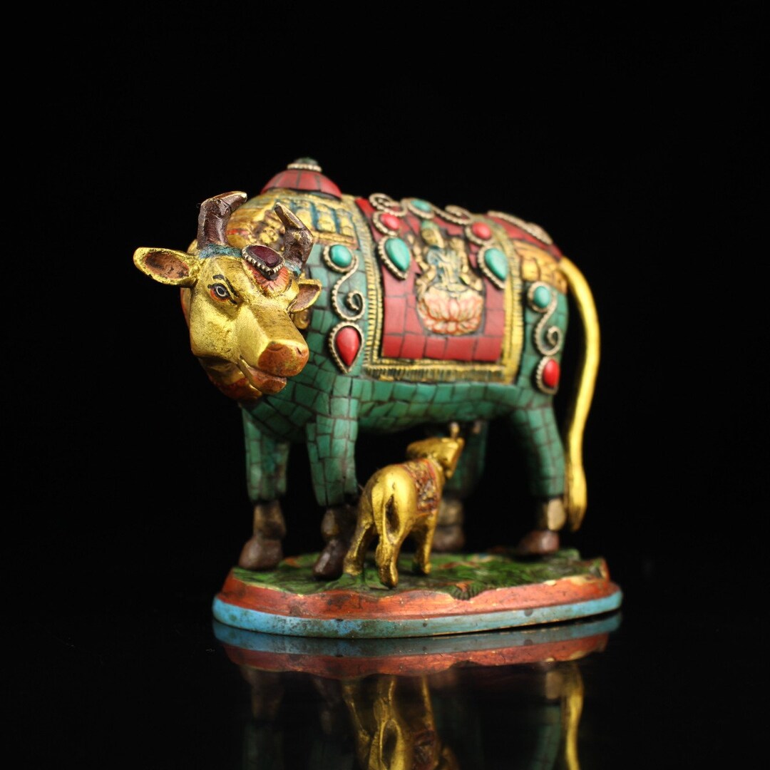 Chinese Antique Handmade Pure Copper Inlaid Gemstone Painted Gold Lucky ...