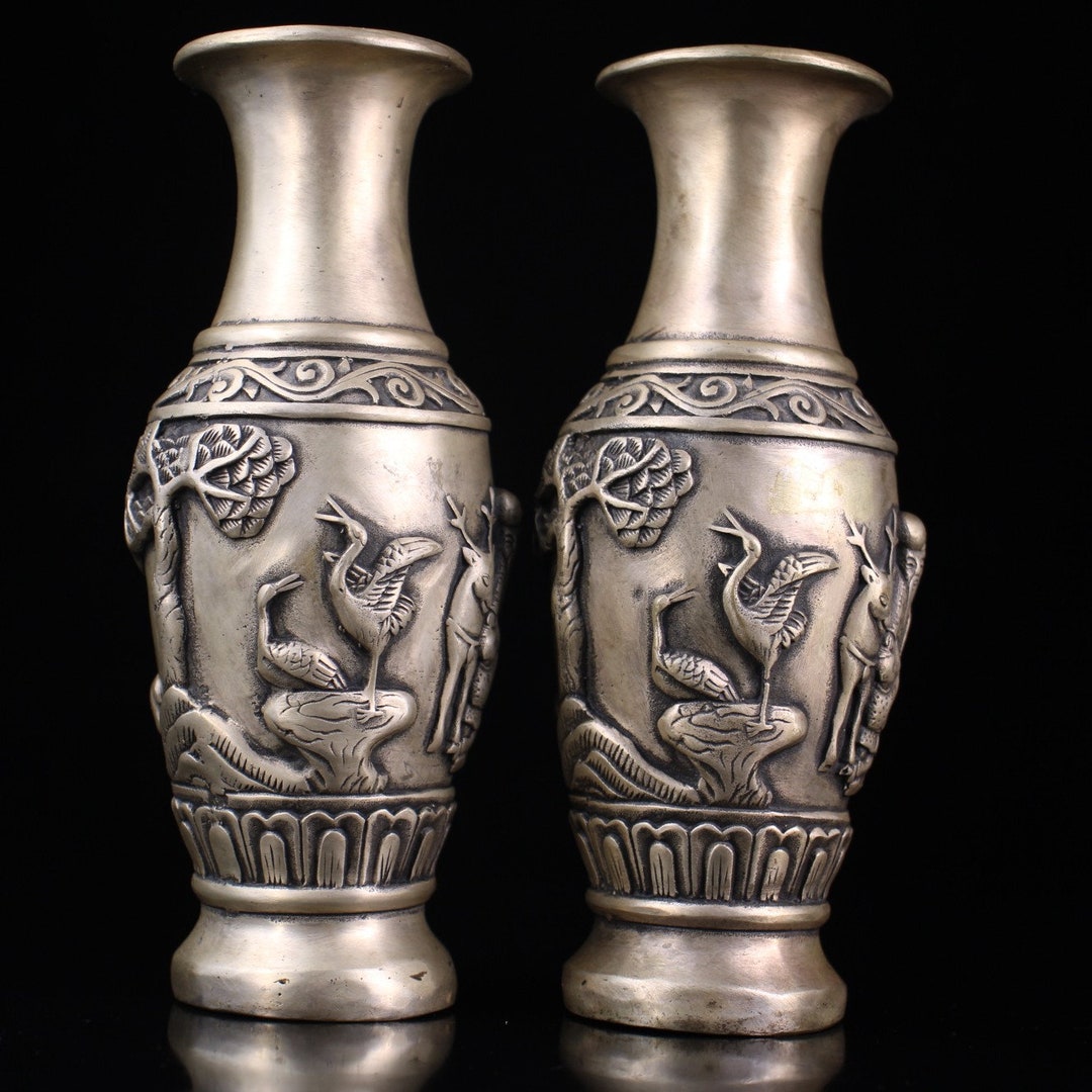 Chinese Antique Handmade White Copper Fu Lu Shou Pattern Vase Ornaments ...