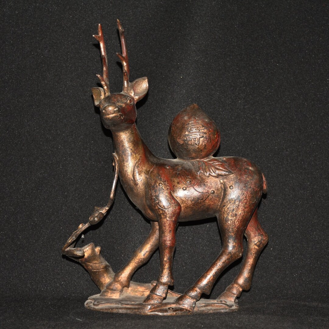 Chinese Antique Hand-carved Pure Copper Red Copper Fu Lu Shou Statue ...