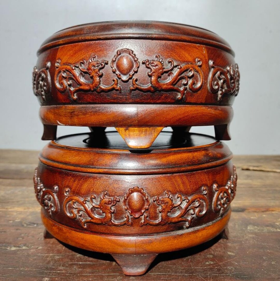 Chinese Pure Hand-carved Natural Rosewood Dragon Pattern Round Vase ...