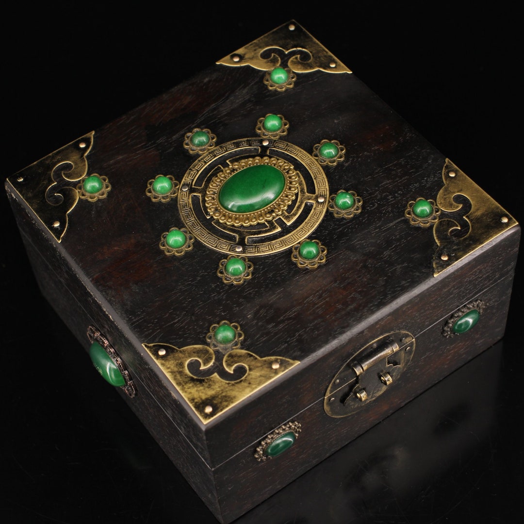 Chinese Antique Pure Hand-carved Ebony Box Inlaid Gemstone,fine ...