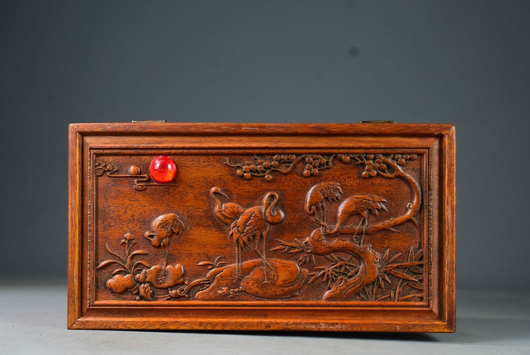 Chinese Antique Hand-carved Rosewood Inlaid Gems Storage Box Ornament ...