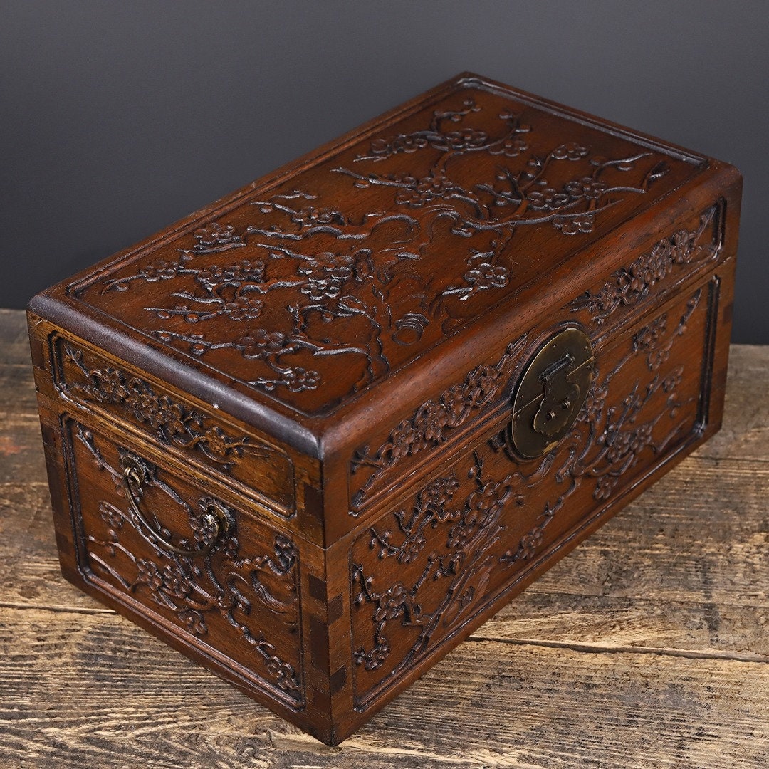 Chinese Antique Rosewood Plum Box Statues Are Hand Carved With Plum ...