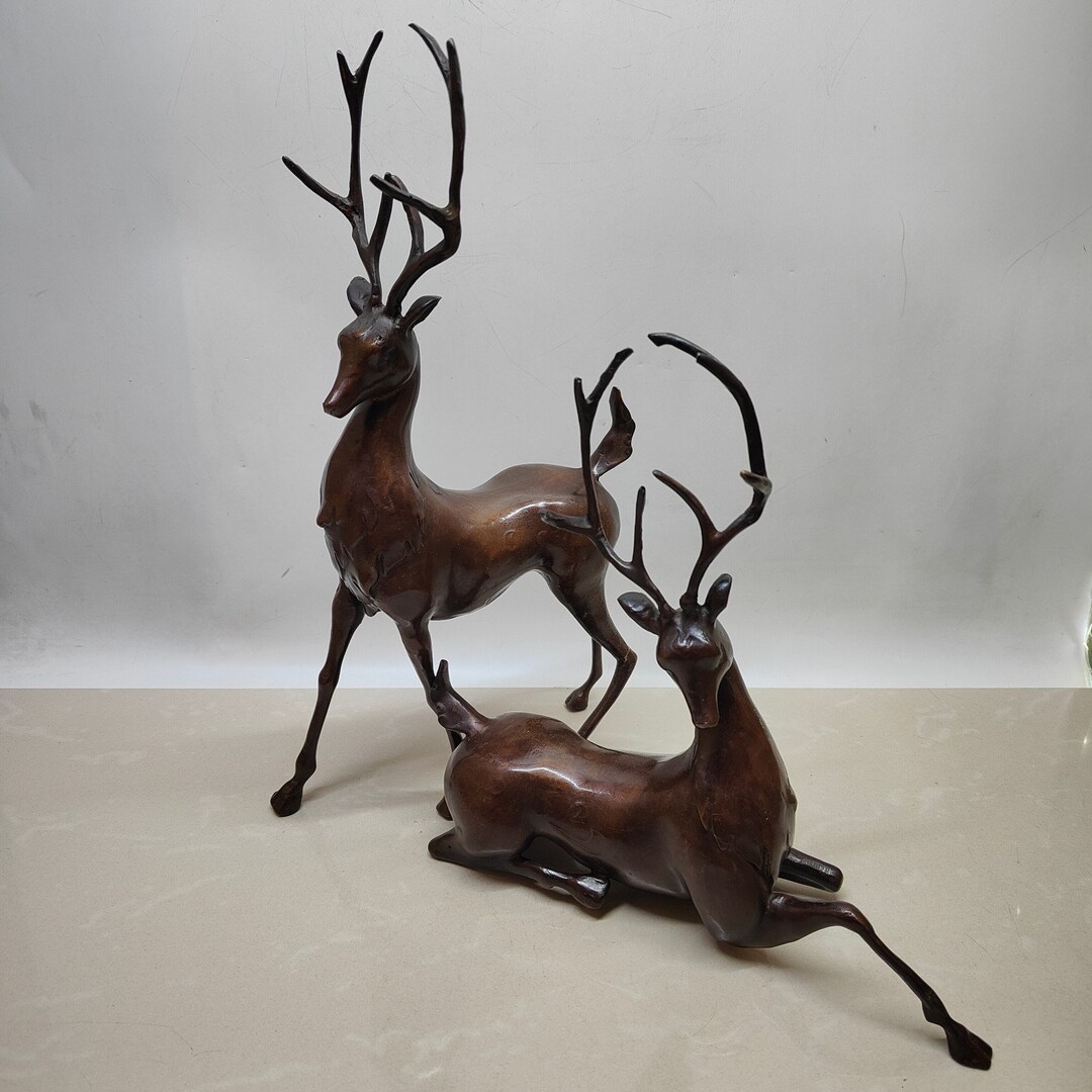 Chinese Pure Hand-carved Pure Copper Deer Statue Ornaments a Pair,home ...