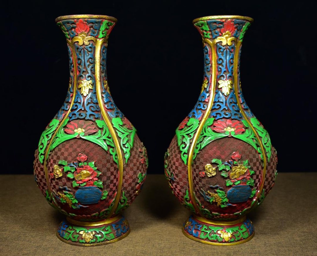 Chinese Pure Hand-carved Lacquerware Vase a Pair Home Decor,exquisite ...