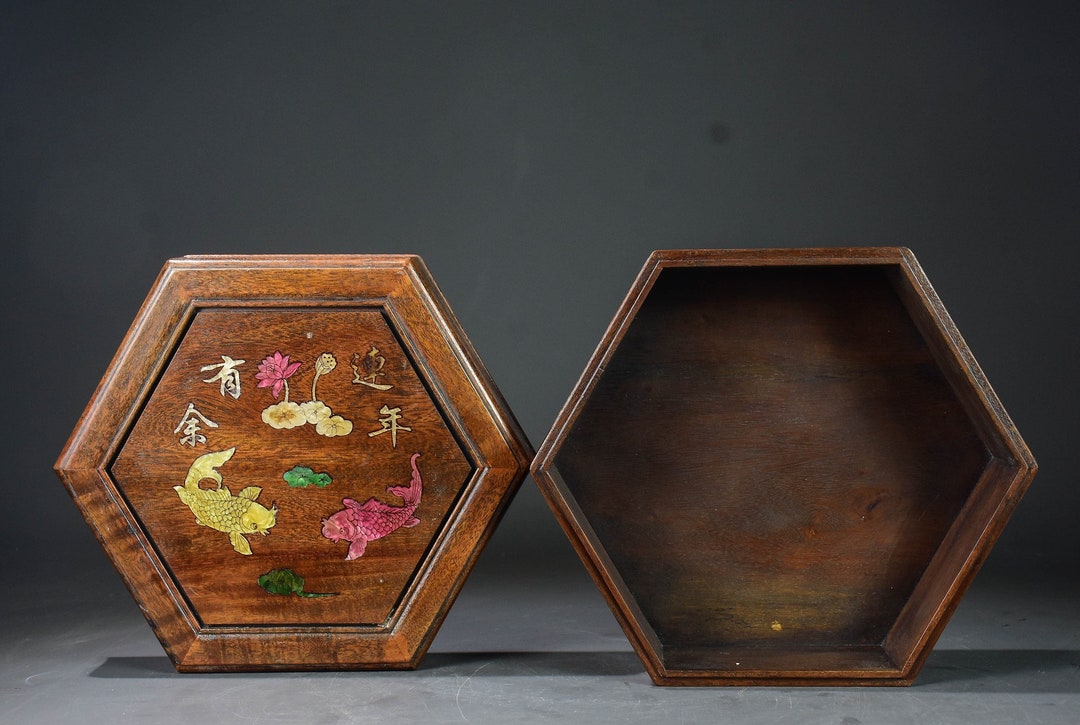 Chinese Pure Hand-carved Rosewood Inlay Lotus Fish Pattern Fruit Box ...