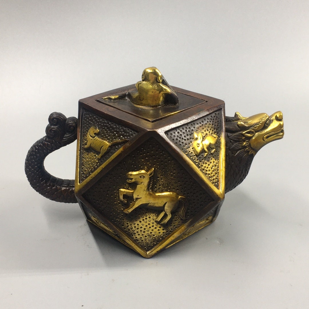 Ancient Chinese Pure Copper Hand Carved Twelve Zodiac Pattern Wine Pot ...