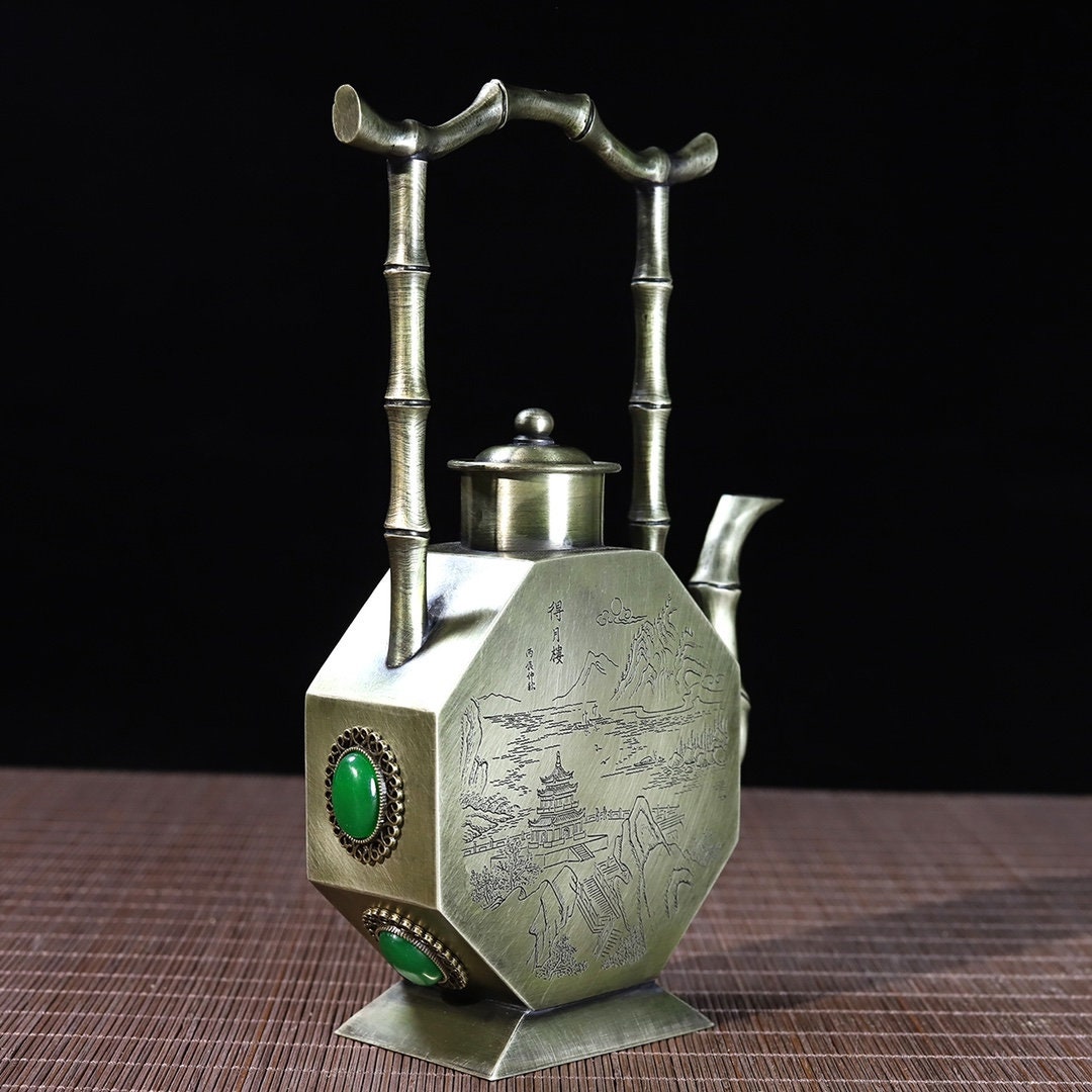 Ancient Chinese White Copper Inlaid With Gems Hand-carved Landscape ...