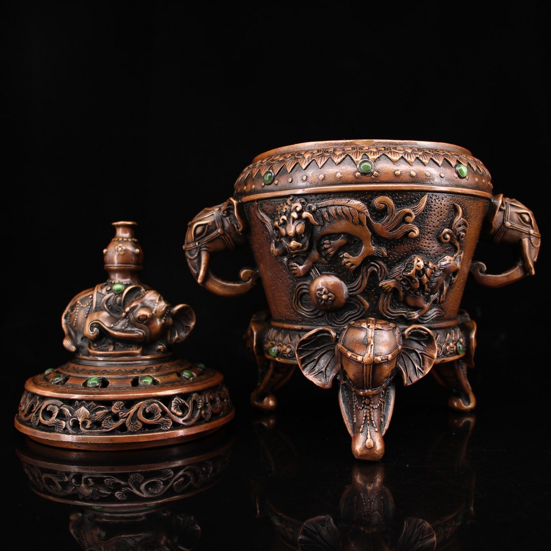 Chinese Antique Hand Carved Pure Red Copper Inlaid Gems Exquisite ...