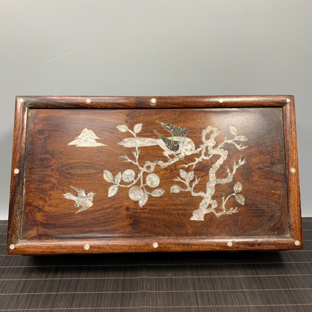 Chinese Antique Hand-carved Rosewood Inlaid Flower and Bird Pattern Tea ...