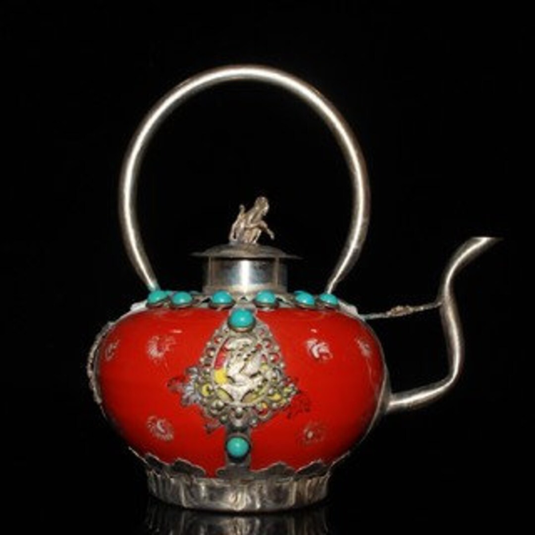 Chinese Outsourcing Tibetan Silver Inlaid Gem Teapot Porcelain Pot ...
