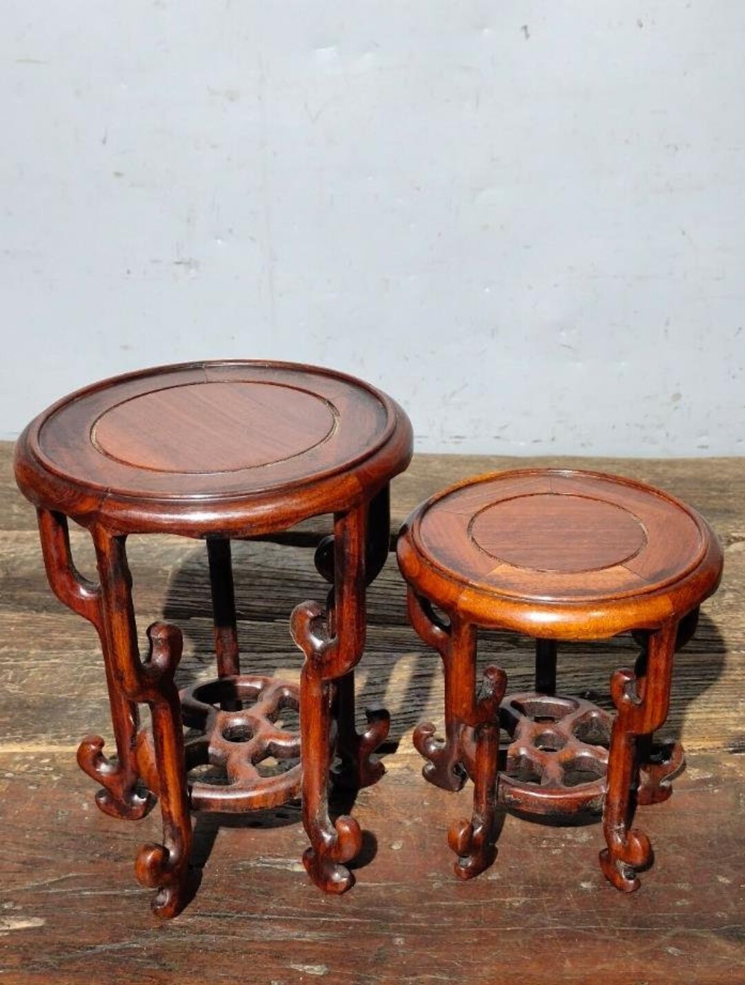 A Pair of Chinese Pure Hand-carved Rosewood Round Vase Base Flower ...