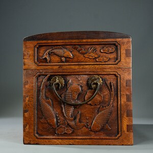 Chinese Antique Natural Rosewood Inlaid Lotus Fish Pattern Hand Carved ...