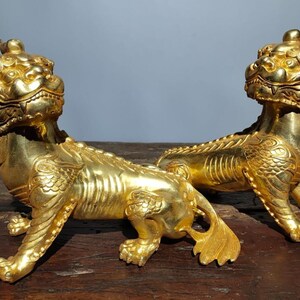 A Pair of Chinese Pure Hand Carved Pure Copper Gilt Auspicious Beast ...